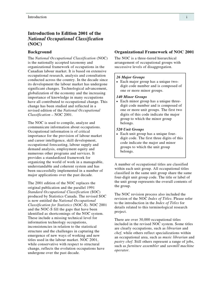 National Occupational Classification: Introduction To Edition 2001 of ...