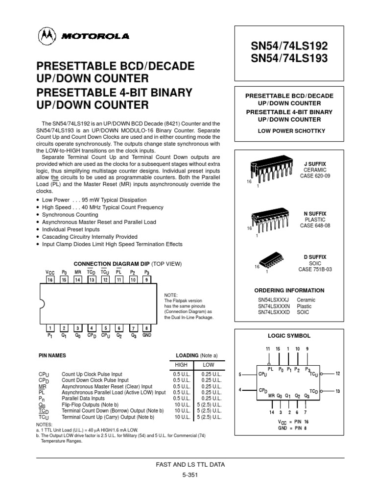 Presettable Bcd/Decade Up/Down Counter Presettable 4-Bit Binary Up/Down Counter SN54/74LS192 ...