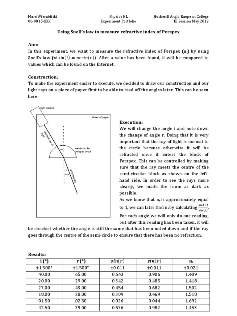 Using Snell's Law To Measure The Refractive Index of Perspex | PDF ...