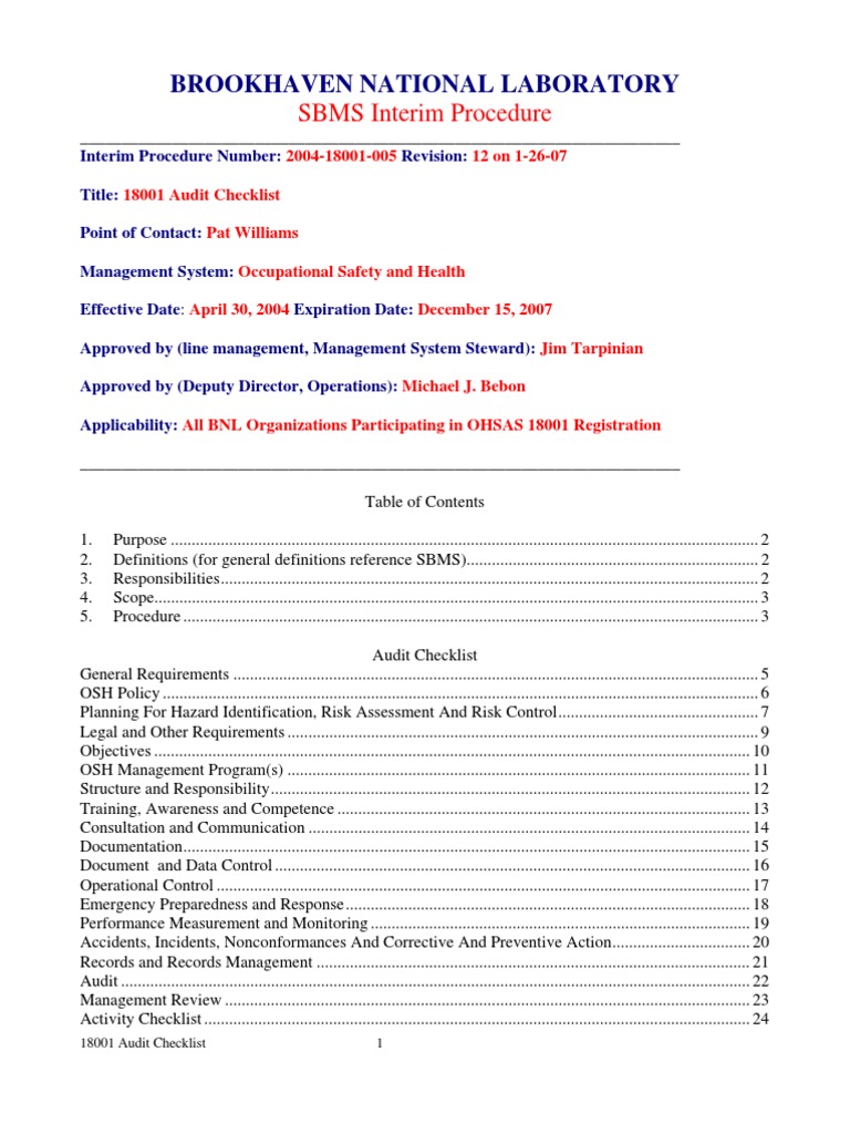 ohsas checklist | Occupational Safety And Health | Audit
