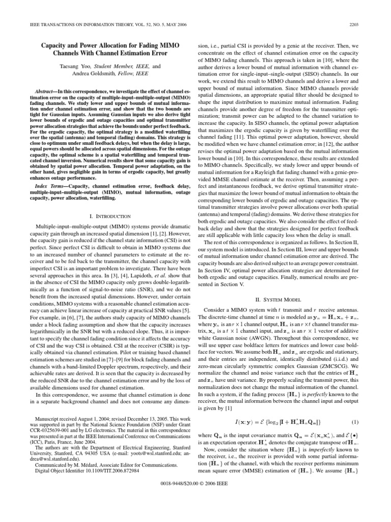 Capacity and Power Allocation For Fading MIMO Channels With Channel Estimation Error | PDF ...