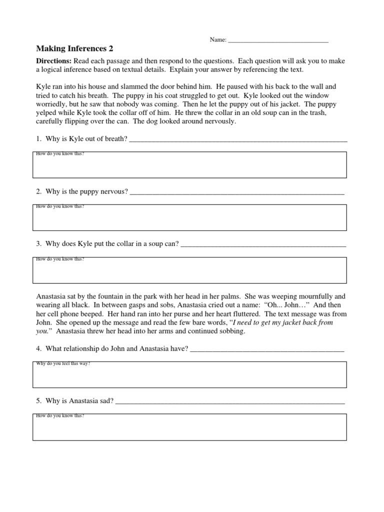 Making Inferences 2: Directions: Read Each Passage and Then Respond To ...