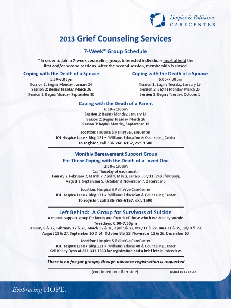 2013 Grief Counseling Group Schedule | PDF | Hospice | Grief