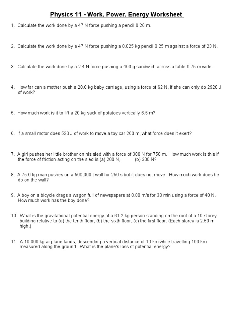 Physics 11 - Work, Power, Energy Worksheet | PDF | Kinetic Energy | Potential Energy