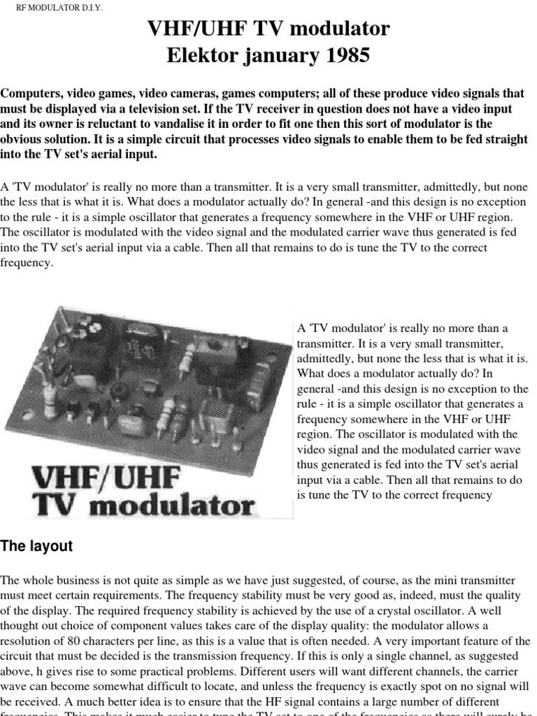 VHF/UHF TV Modulator Elektor January 1985: The Layout | PDF | Transmitter | Modulation