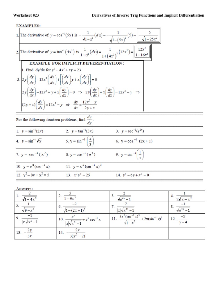 Worksheet 23 - Derivative of Inverse Trig and Implicit Differentiation ...