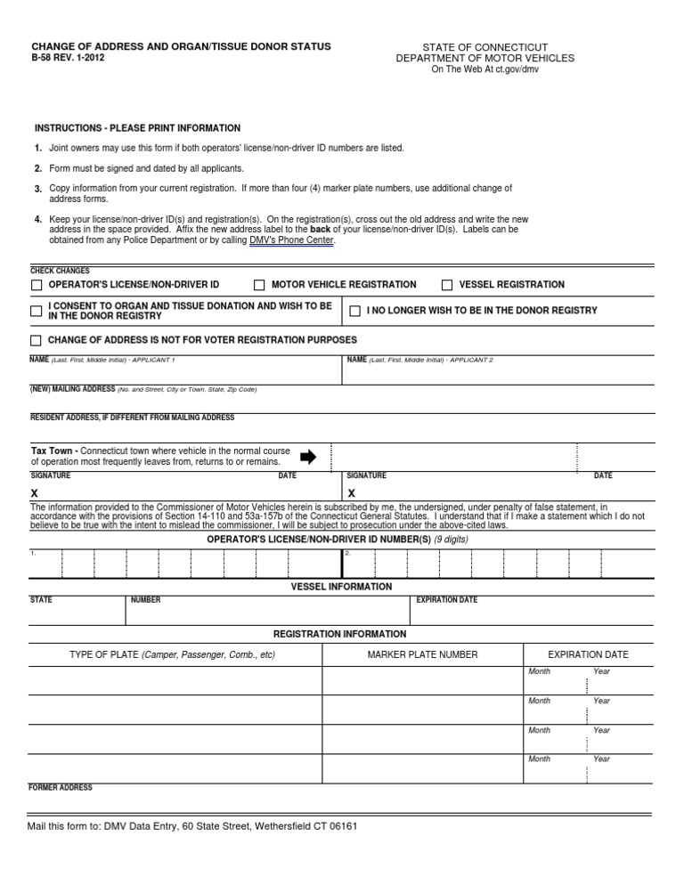 Change of Address and Organ/Tissue Donor Status: State of Connecticut ...