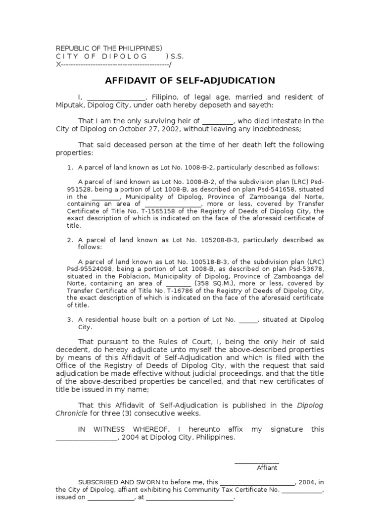 Affidavit of Self Adjudication-Sample | Affidavit | Legal Documents