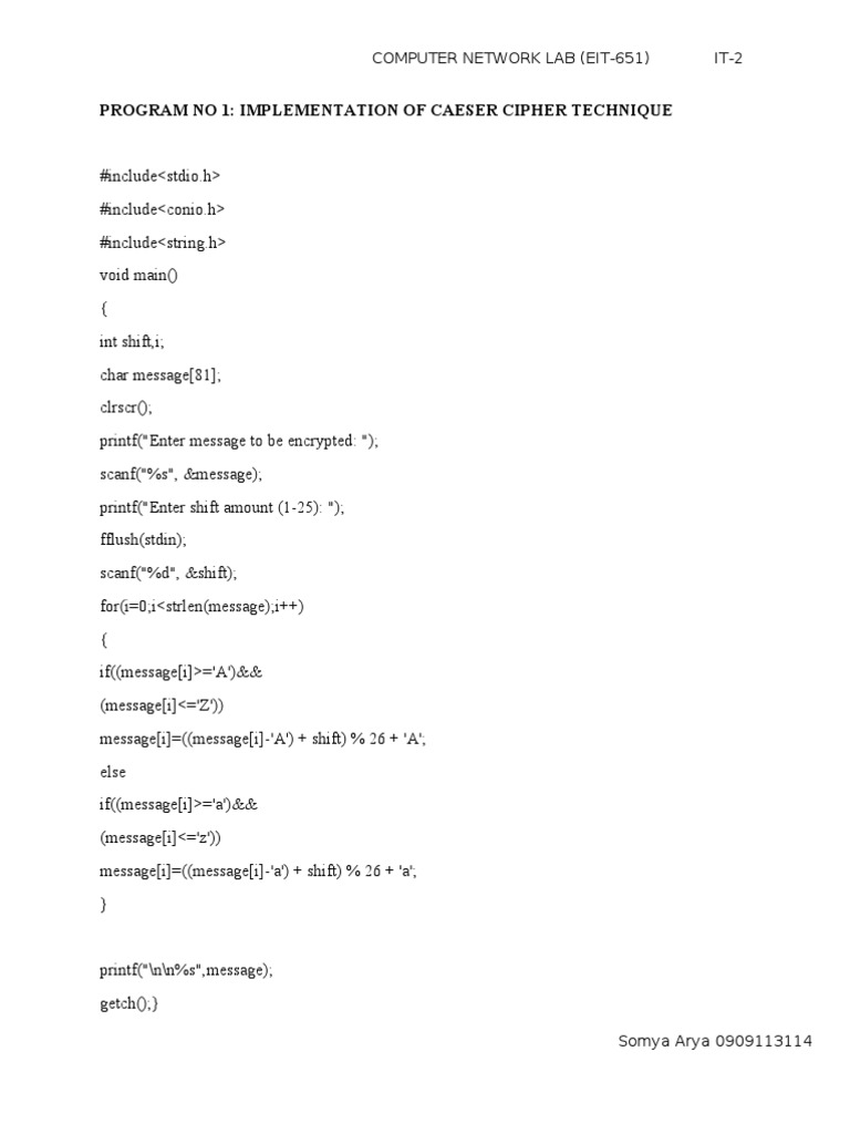 Program No 1: Implementation of Caeser Cipher Technique: Computer ...
