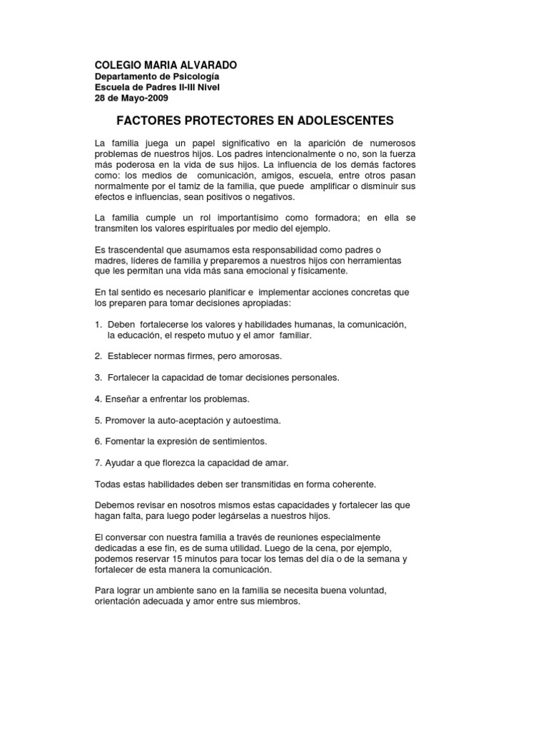 Fortaleciendo a la familia como factor protector en la adolescencia ...