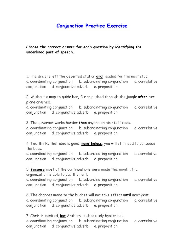HKOJ - Conjunction Practice Exercise | PDF | Adverb | Preposition And ...
