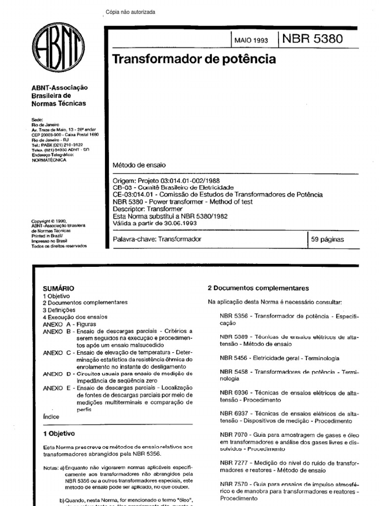 NBR 5380 - Transformador de Potencia | PDF | Transformador | Temperatura