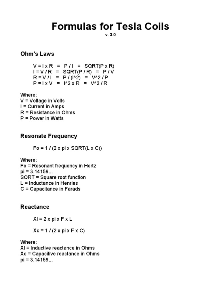 Tesla Coil Formulas Guide | PDF | Science & Mathematics