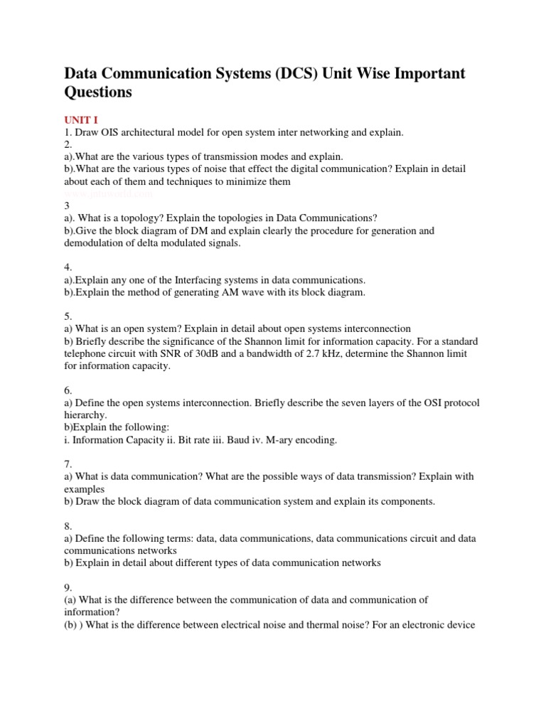 Dcs Unitwise Important Questions | PDF | Multiplexing | Telecommunication Dcs Unitwise Important Questions | PDF | Multiplexing | Telecommunication