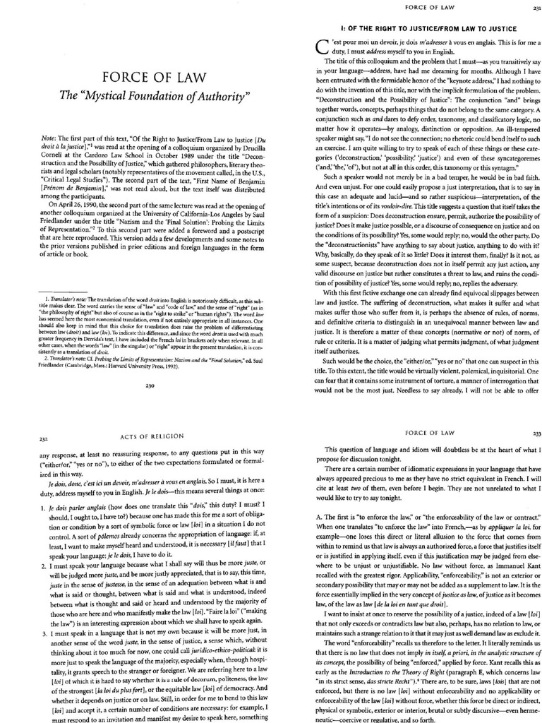 Derrida - Force of Law The Mystical Foundation of Authority ...