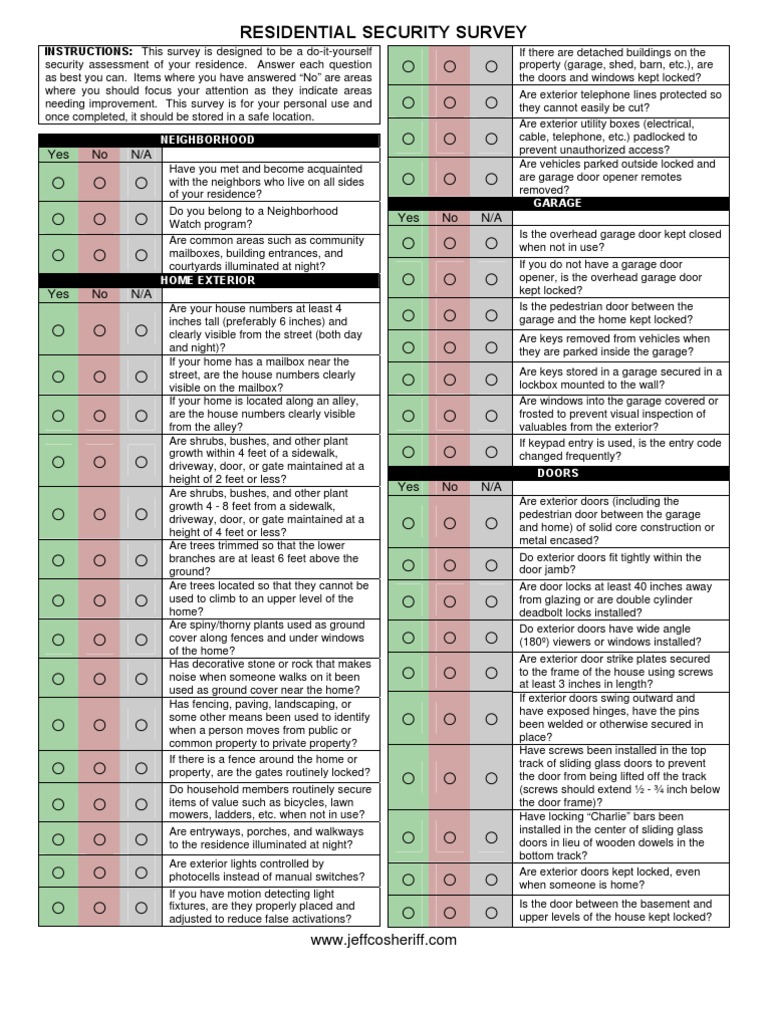 Residential Security Survey: Yes No N/A | PDF | Garage (Residential) | Door