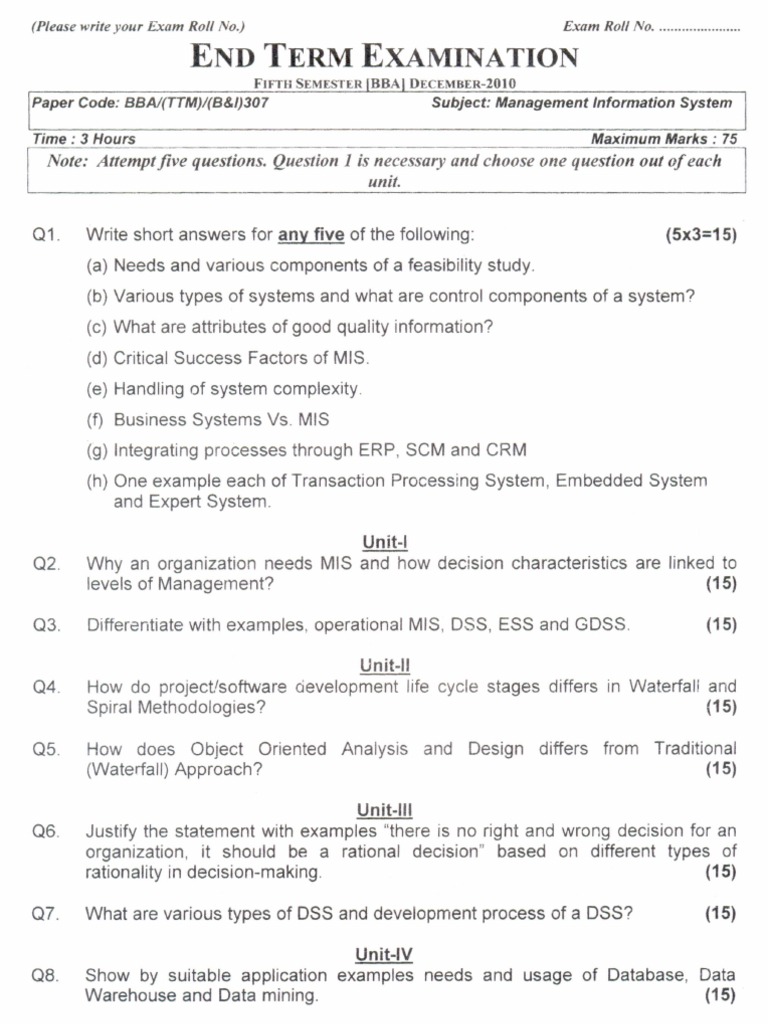 MIS Exam Paper - BBA Fifth Semester | PDF