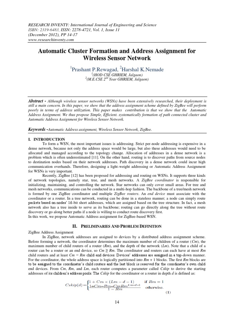 Automatic Cluster Formation and Address Assignment For Wireless Sensor Network | PDF | Routing ...
