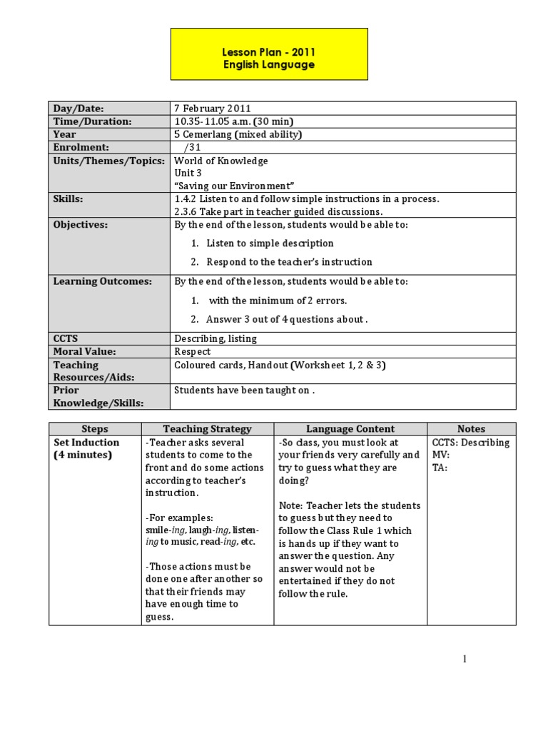 Sample Lesson Plan On Saving The Environment | PDF | Lesson Plan ...