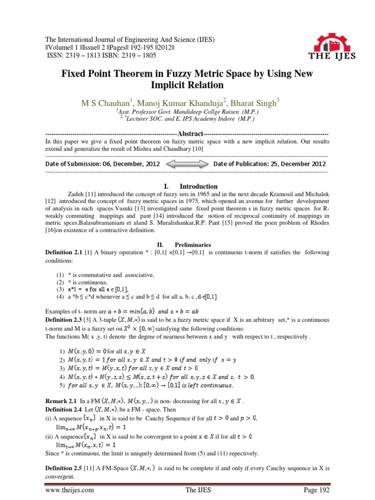 Fixed Point Theorem in Fuzzy Metric Space by Using New Implicit Relation | PDF | Metric Space ...