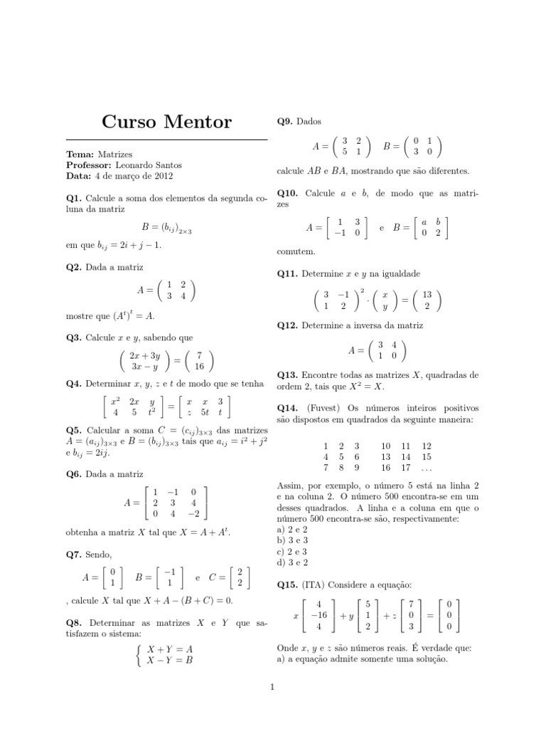 Lista de Exercicios Matrizes v1 | PDF