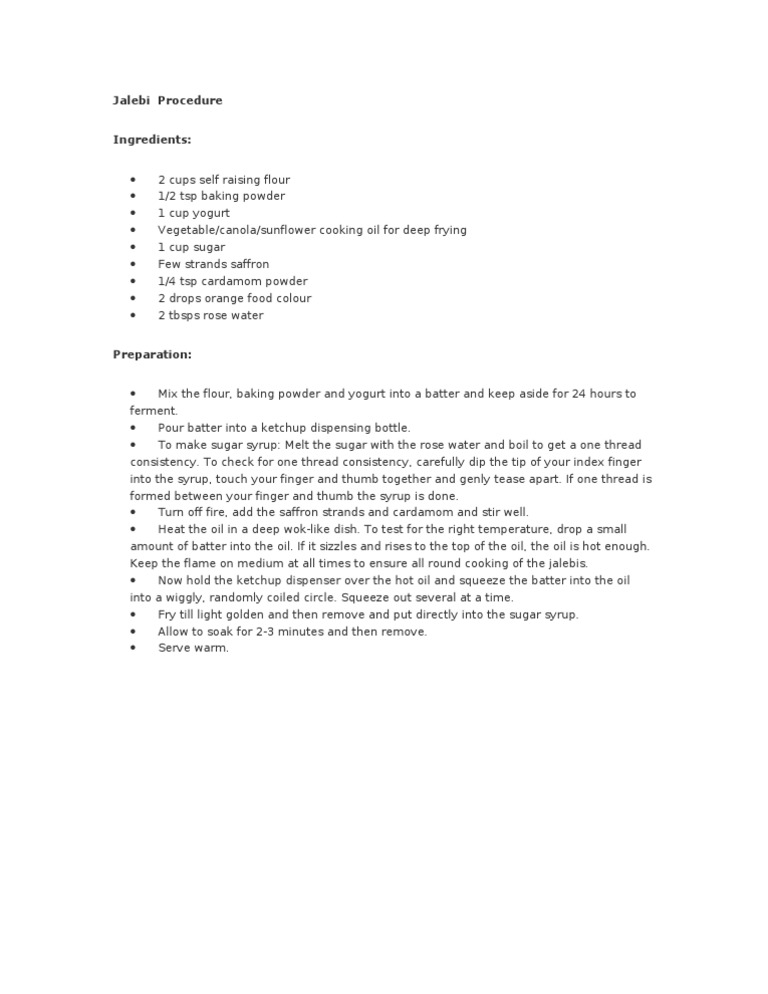 Jalebi Procedure Ingredients | PDF