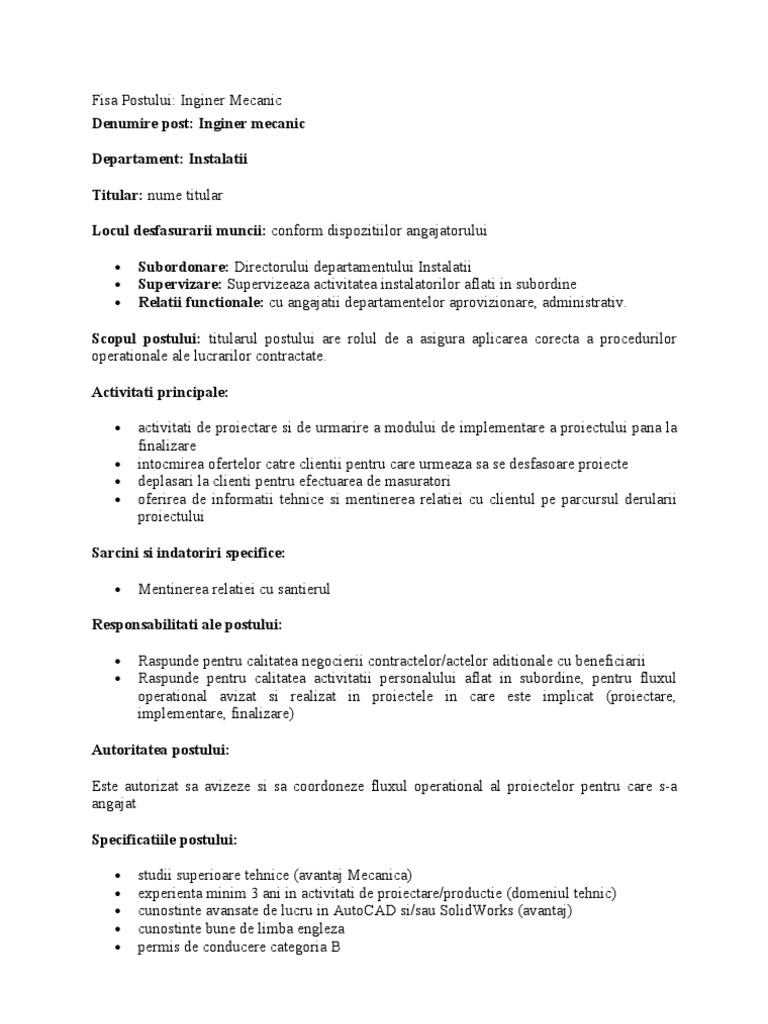 Fisa Post Inginer Mecanic | PDF