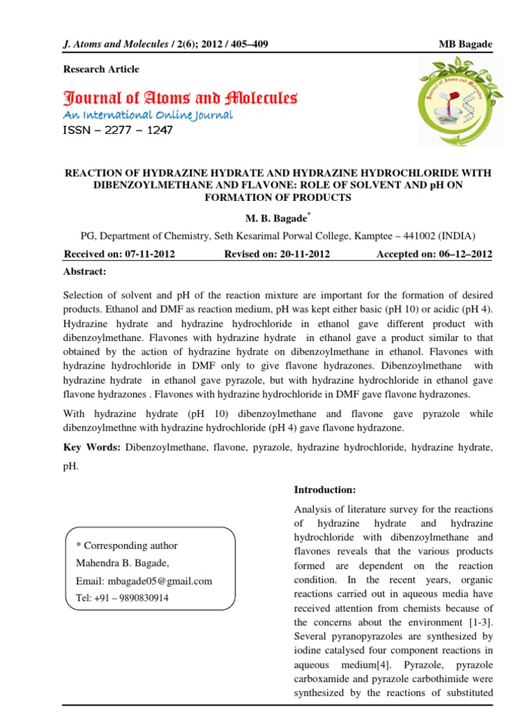 Reaction of Hydrazine Hydrate and Hydrazine Hydrochloride With ...