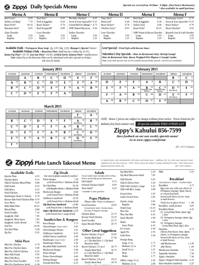 Zippy's Takeout Menu Maui Jan - Mar 2013 | PDF | Hamburgers | Turkey Meat