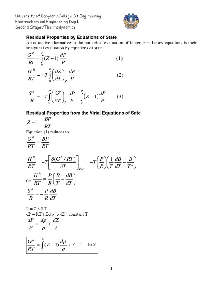 Residual Properties by Equations of State