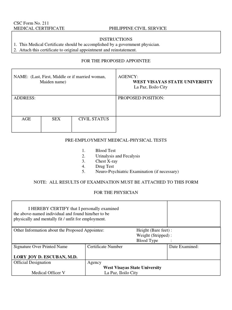 CSC Medical Certificate Form 211 | PDF | Wellness