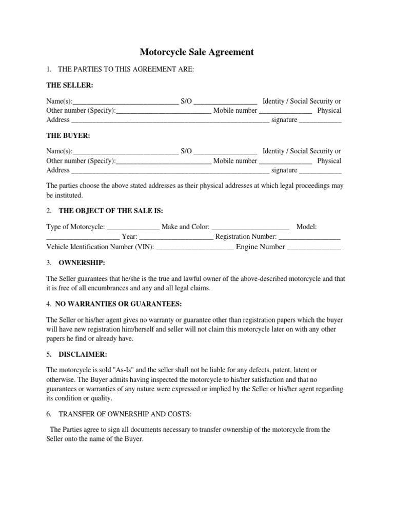 Motorcycle Sale Agreement | PDF | Sales | Ownership