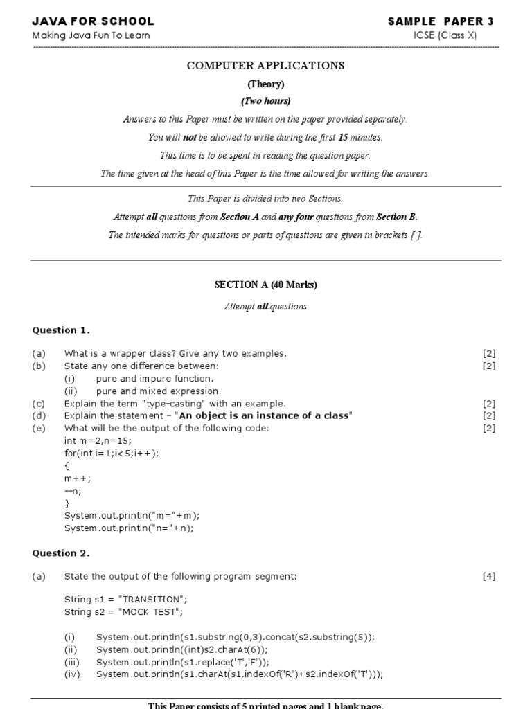 Computer Applications Icse Sample Paper 3 Computer Program Method Computer Programming 8727