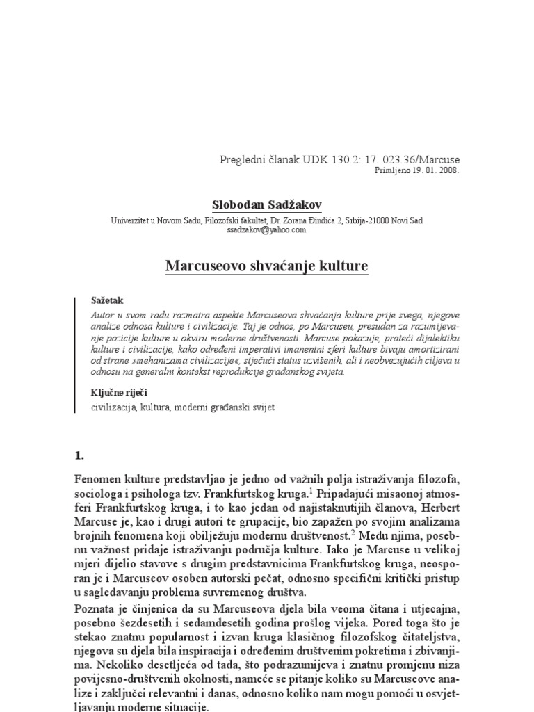 Slobodan Sadzakov / Markuzeovo Razumijevanje Kulture | PDF