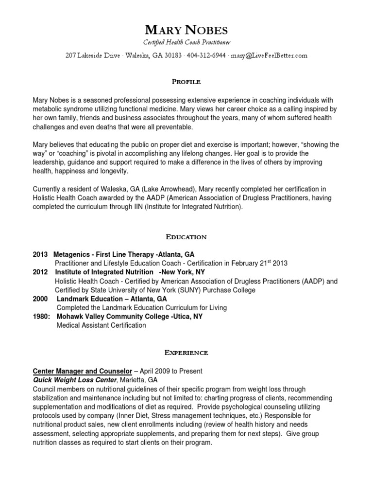 Resume MARY NOBES - HC Practitioner | PDF | Nutrition | Diet & Nutrition