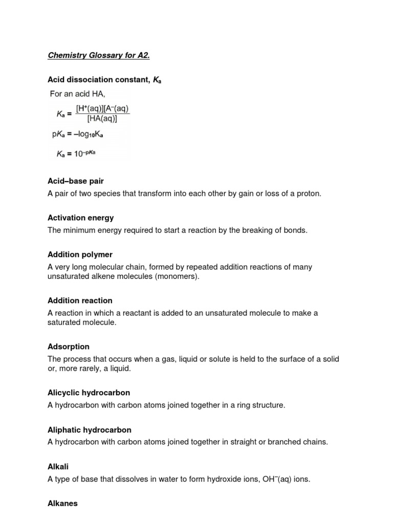 A2 Chemistry Glossary Definitions | PDF | Chemical Reactions | Chemical ...