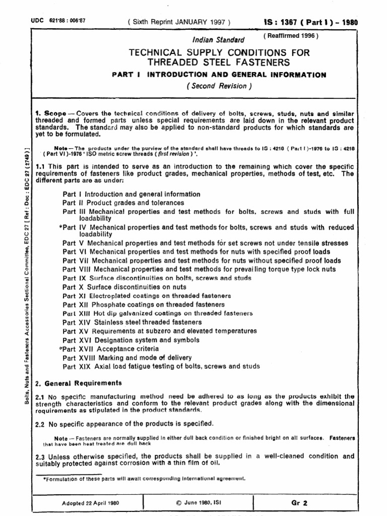 Is 1367 Part 1 | PDF | Nut (Hardware) | Screw