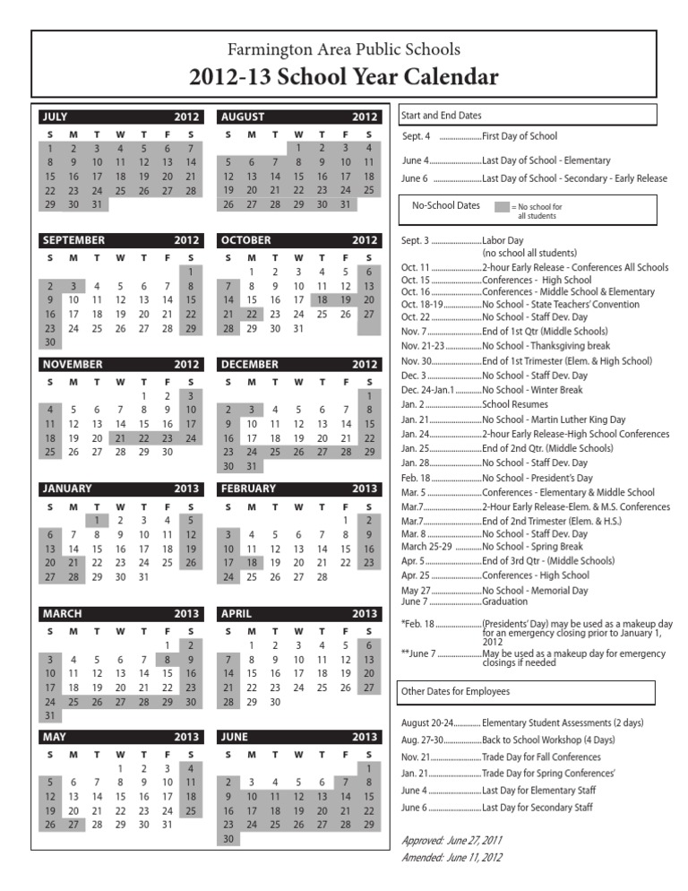 2012-13 School Year Calendar: Farmington Area Public Schools | PDF ...