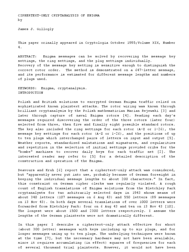 Ciphertext-Only Cryptanalysis of Enigma | PDF | Cryptanalysis ...