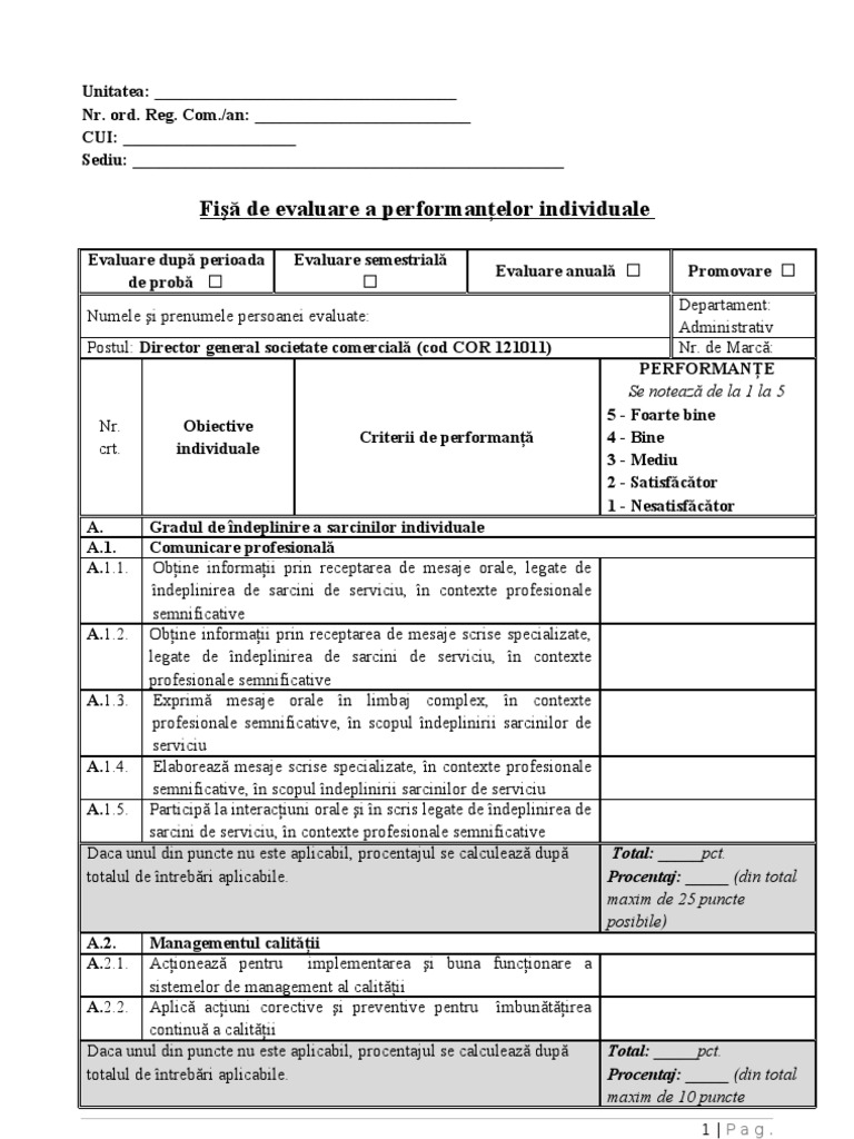 Fişă de evaluare a performanţelor individuale