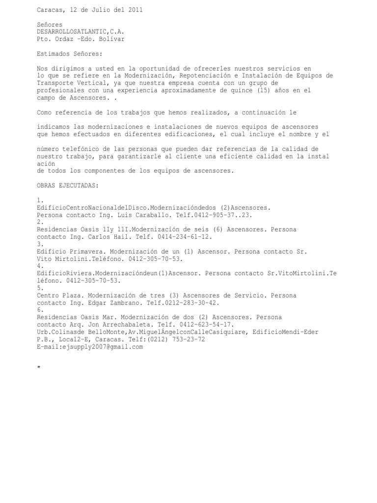 Carta de Presentacion | PDF | Ascensor | Transporte