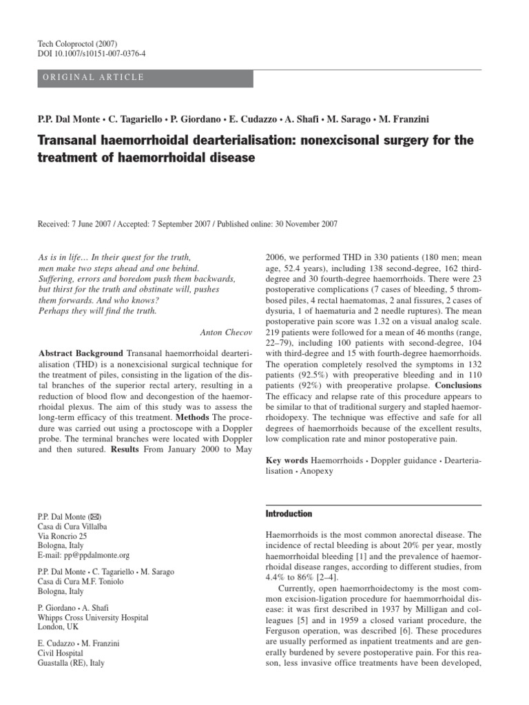 Transanal Haemorrhoidal Dearterialisation: Nonexcisonal Surgery For The ...