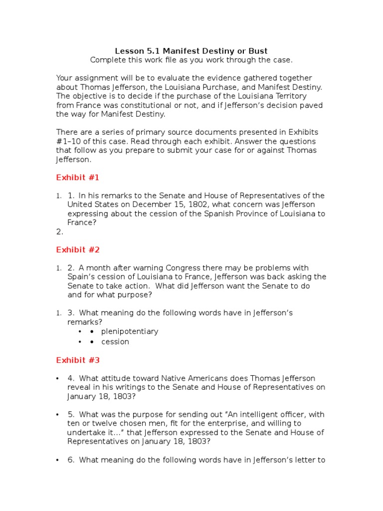 Lesson 5.1 Manifest Destiny or Bust: Exhibit #1 | PDF | Thomas ...