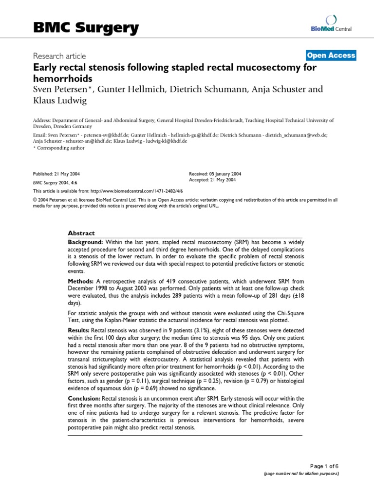 BMC Surgery: Early Rectal Stenosis Following Stapled Rectal Mucosectomy ...