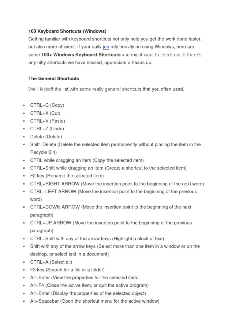 100 Essential Windows Keyboard Shortcuts | PDF