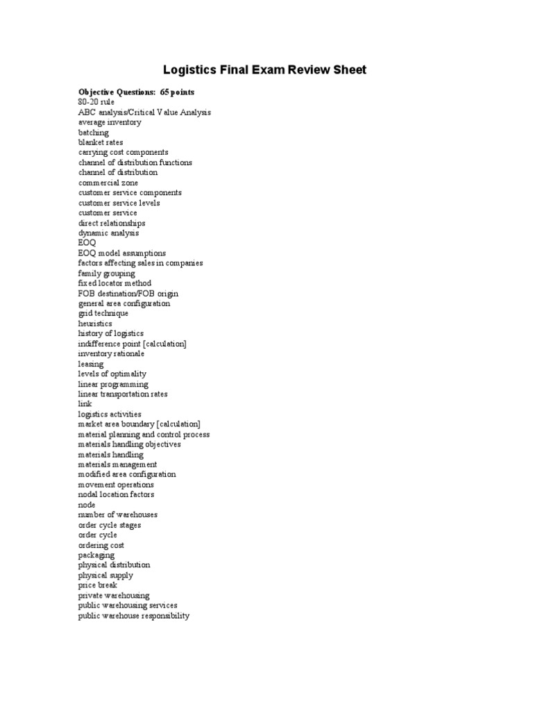 Logistics Final Exam Review Sheet | PDF | Logistics | Warehouse