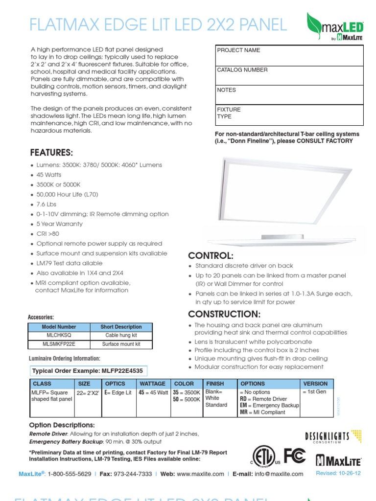 MaxLite Edge Lit LED Flat Panel Datasheet MLFP22E4535 | PDF | Light ...