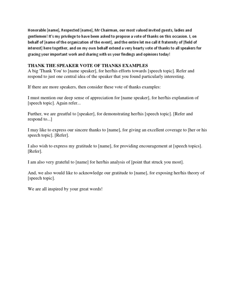 Thank The Speaker Vote of Thanks Examples | PDF