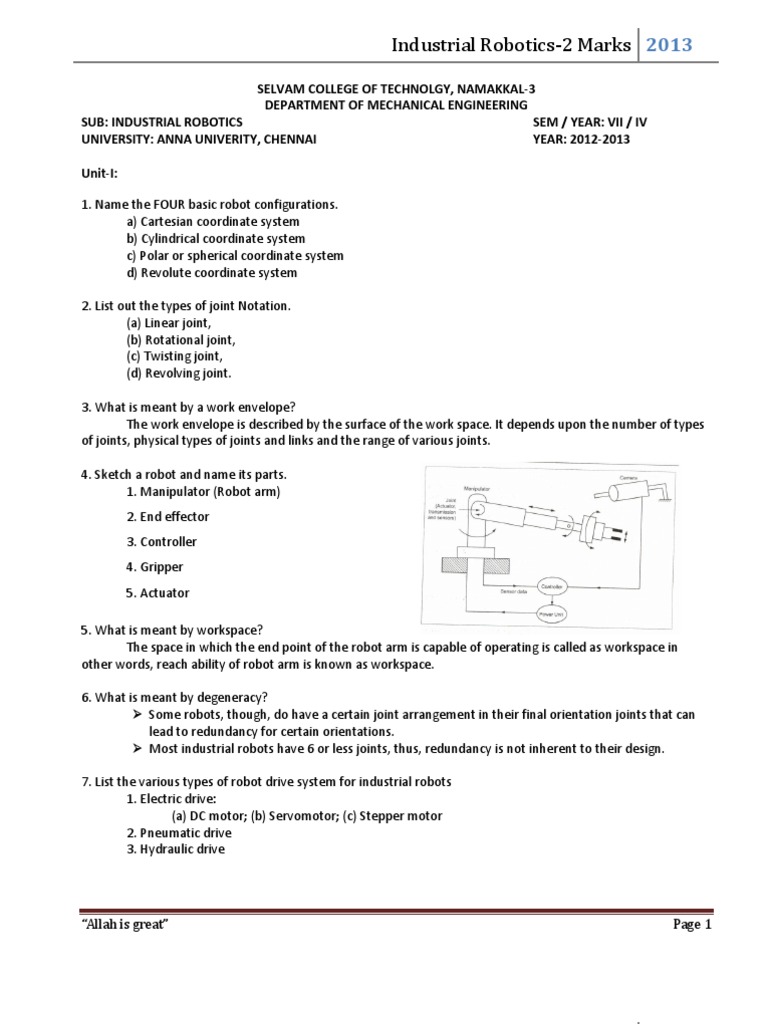 Robotics, Industrial Robotics, Question Bank | PDF | Actuator | Machines