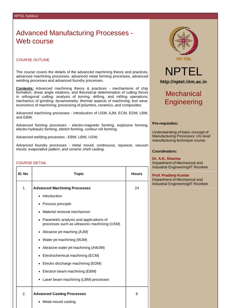 Nptel: Advanced Manufacturing Processes - Web Course | Download Free ...